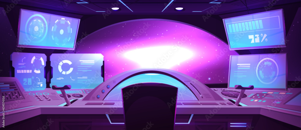 Spaceship cockpit inside and window cartoon vector background. Space ...