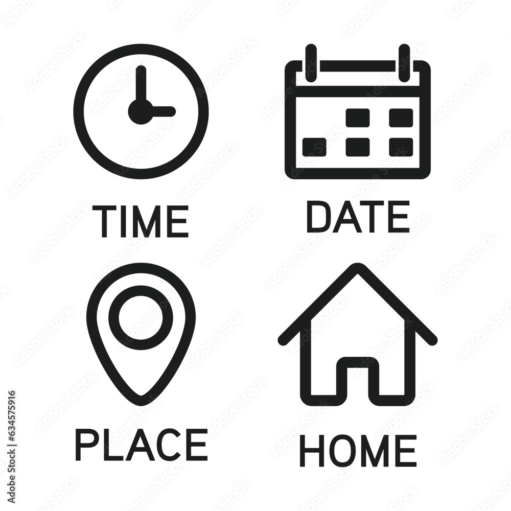 Time Clock Icon, Date Calendar, Place Pin Location Address, Home Button ... Time Clock Icon, Date Calendar, Place Pin Location Address, Home Button ...
