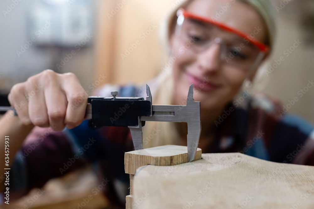 Close up vernier calipers. Worker carpenter or craftsman using vernier ...