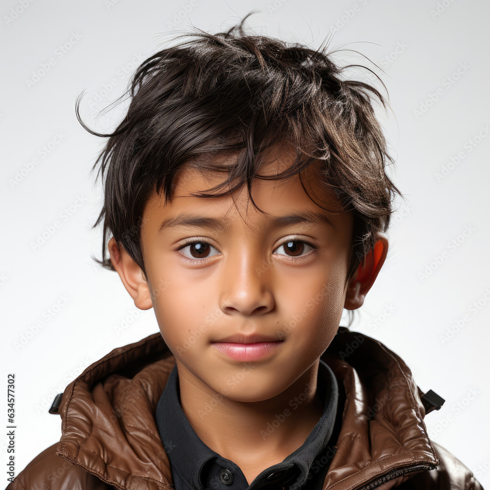 Professional studio head shot of a 10-year-old Peruvian boy with a ...
