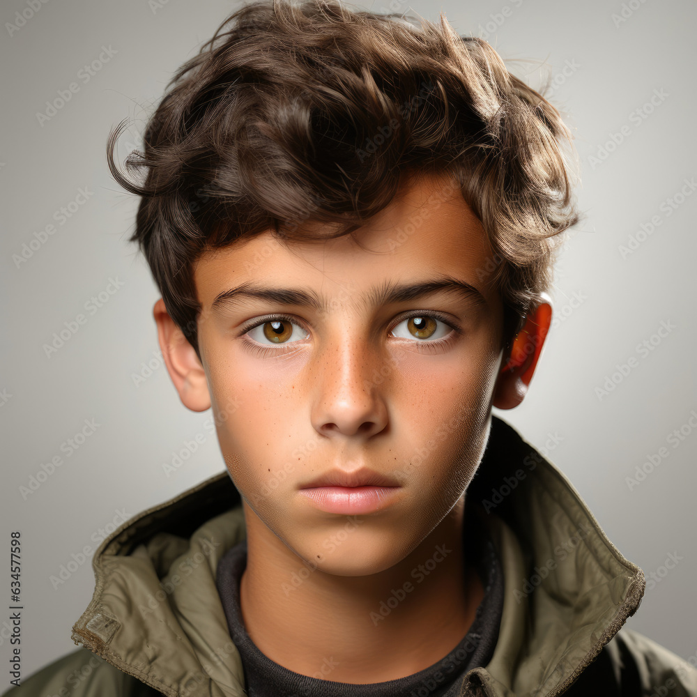 Professional studio head shot of a serious 13-year-old Pakistani boy ...