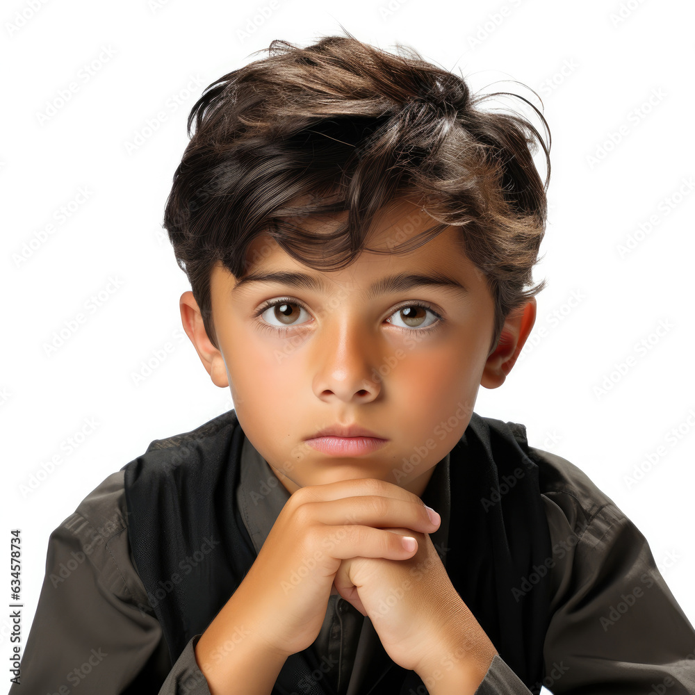 Professional studio head shot of a 9-year-old Afghan boy deep in ...