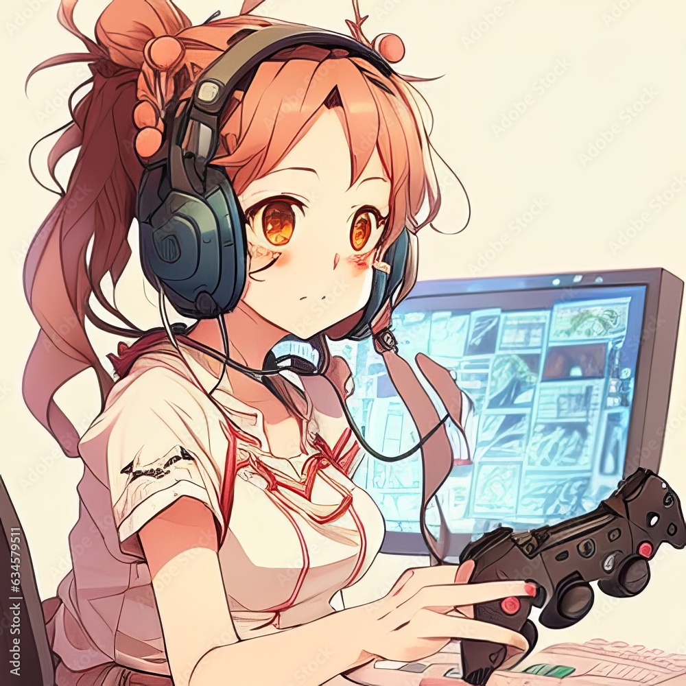 Cute Teenage Anime Girl Playing Computer Games After School Japanese ...