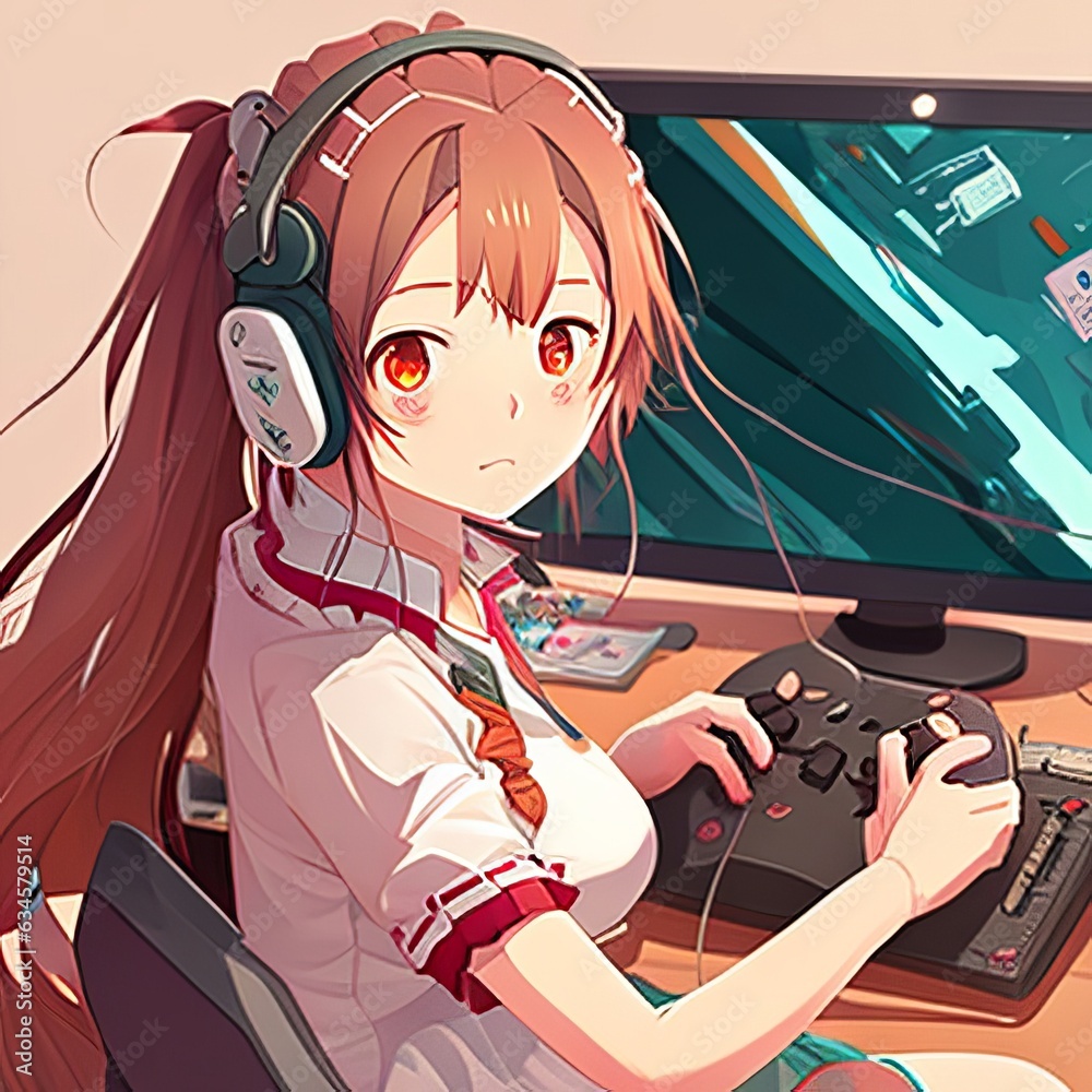 Cute Teenage Anime Girl Playing Computer Games After School Japanese ...