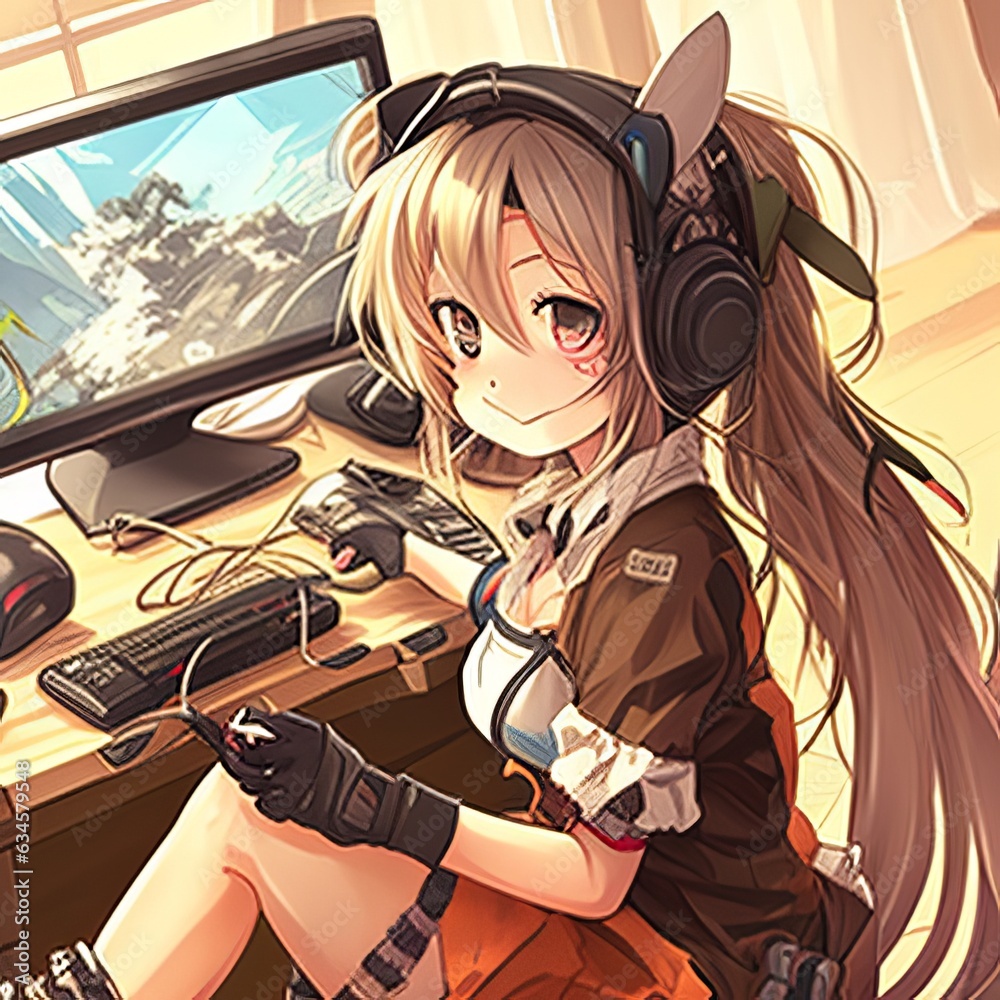 Cute Teenage Anime Girl Playing Computer Games After School Japanese ...