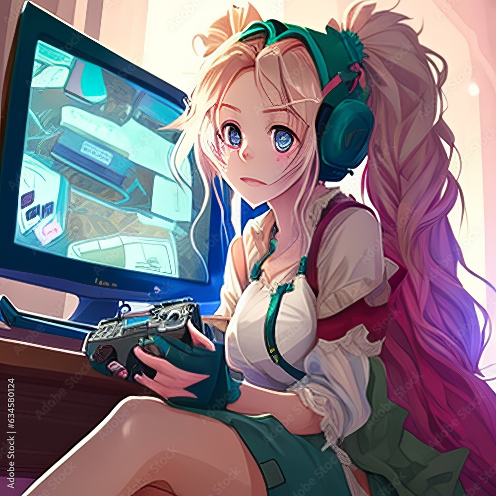 Cute Teenage Anime Girl Playing Computer Games After School Japanese 2147
