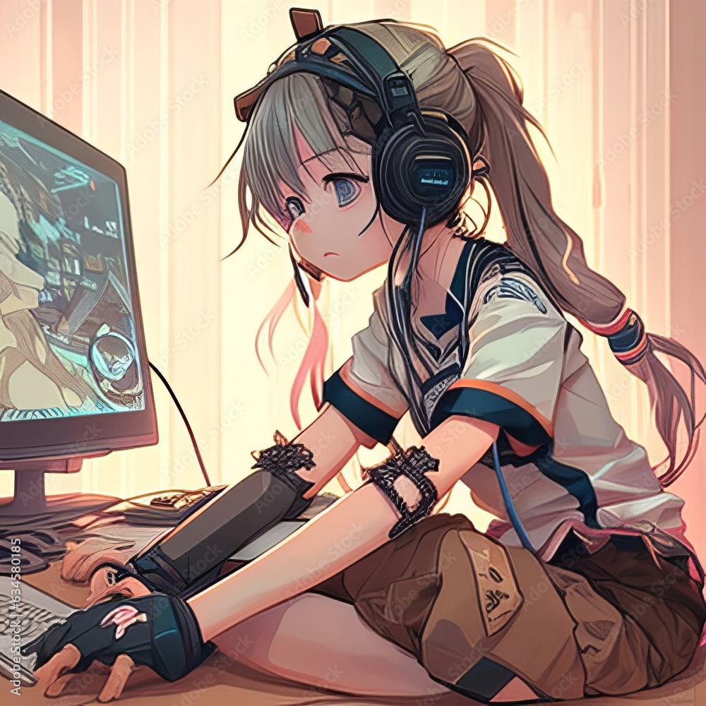 Cute Teenage Anime Girl Playing Computer Games After School japanese ...
