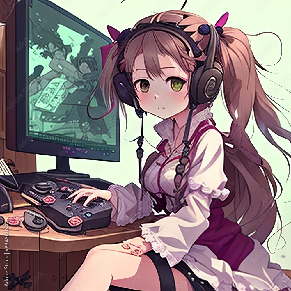 Cute Teenage Anime Girl Playing Computer Games After School japanese ...