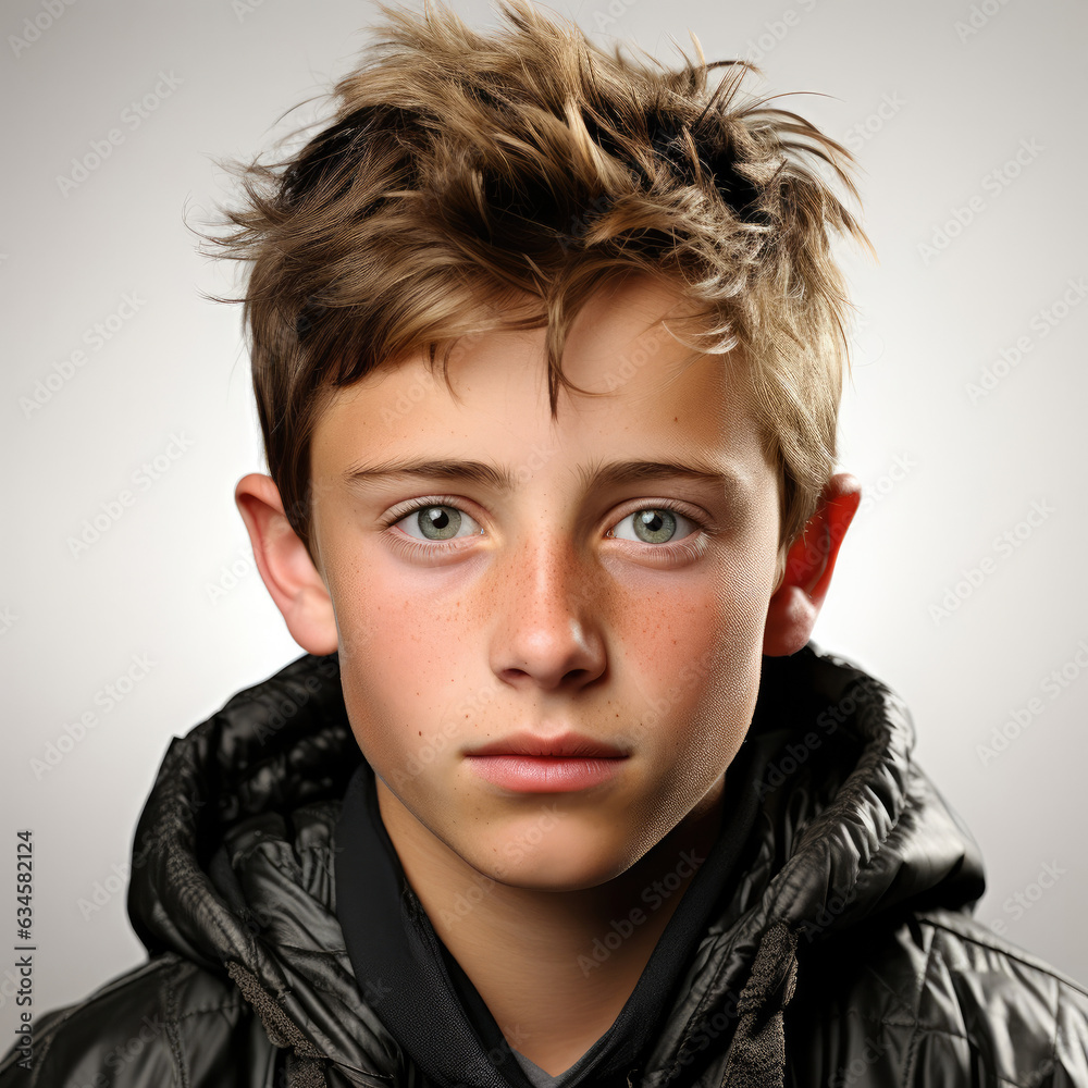 Professional studio head shot of a stern 13-year-old American boy with ...