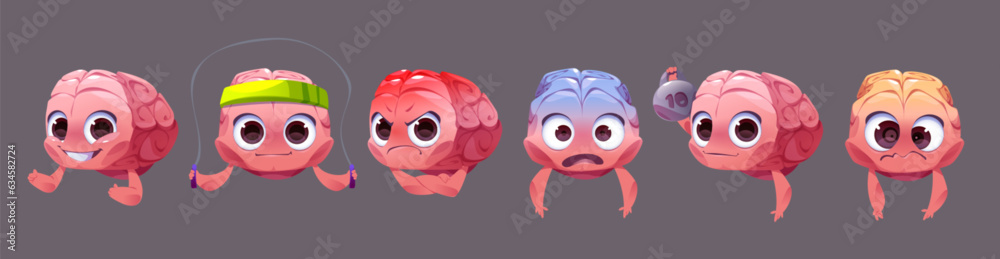 Brain cartoon character with different emotions. Vector illustration ...