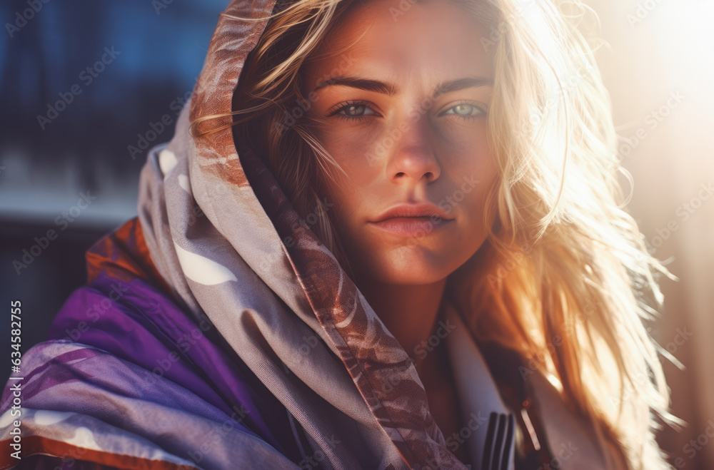Intense looking blonde woman wearing a lavender keffiyeh at the beach ...