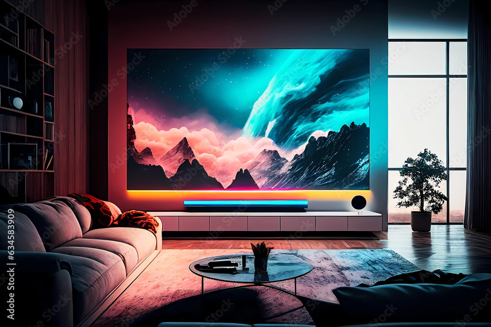 Big tv screen on the wall in interior room. Generative ai design ...