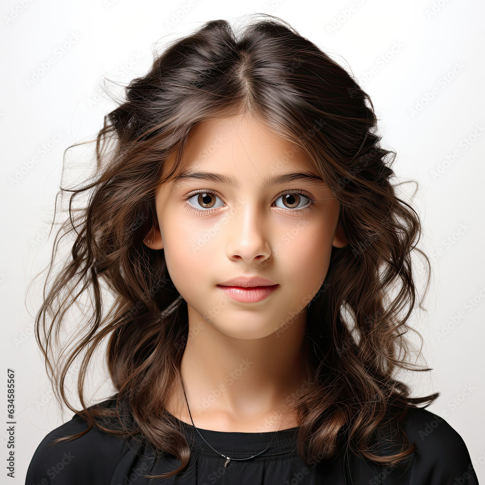 Professional studio head shot of a carefree 12-year-old Turkish girl ...