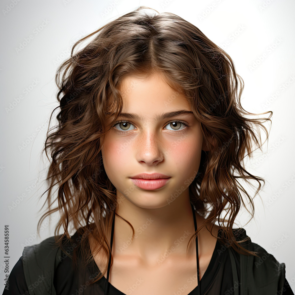 Professional studio head shot of a carefree 12-year-old Turkish girl ...