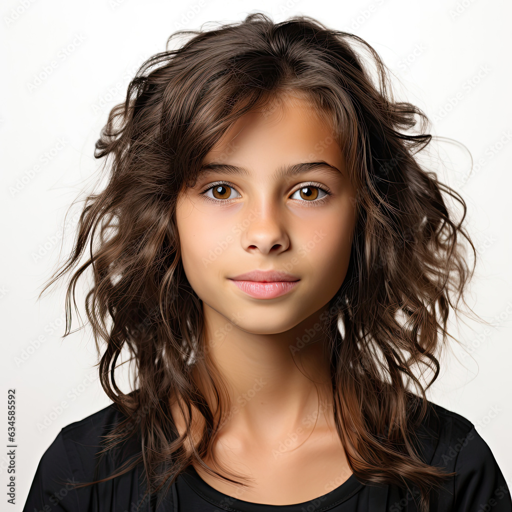 Professional studio head shot of a carefree 12-year-old Turkish girl ...