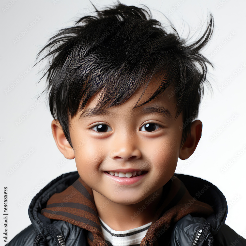 Professional studio head shot of a bashful 5-year-old Thai boy with a ...