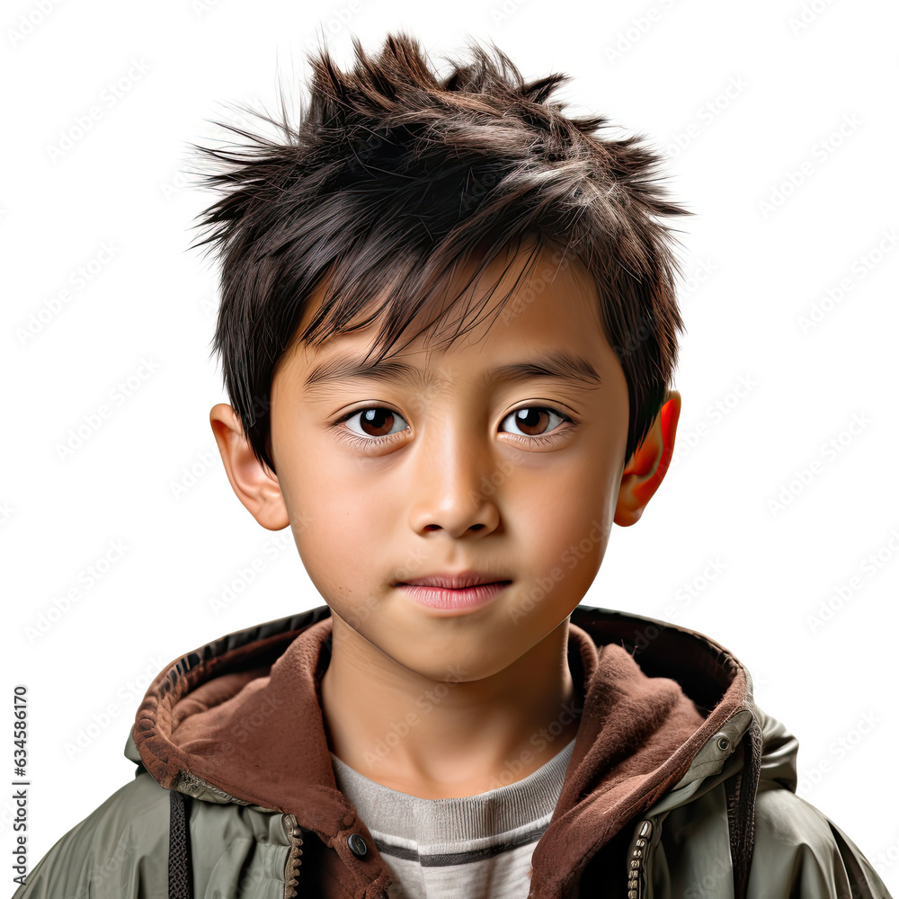 Professional studio head shot of a 9-year-old Mongolian boy with a ...