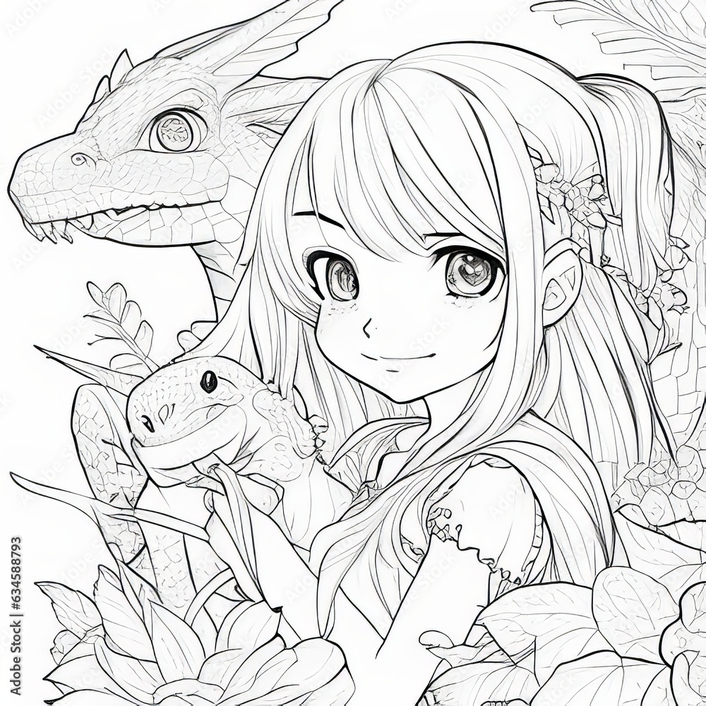 Enchanted Anime maga Art: Coloring Page of a Girl and Her Dragon for ...