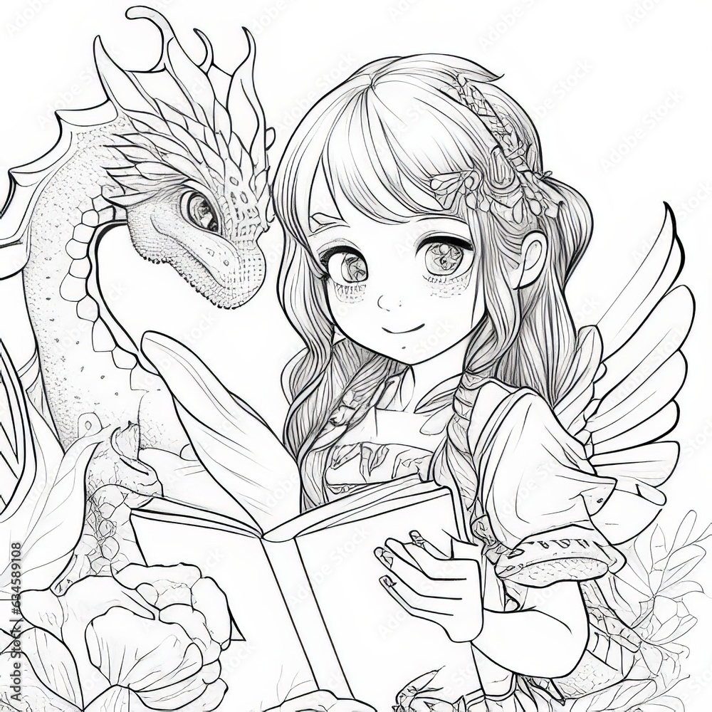 Enchanted Anime maga Art: Coloring Page of a Girl and Her Dragon for ...