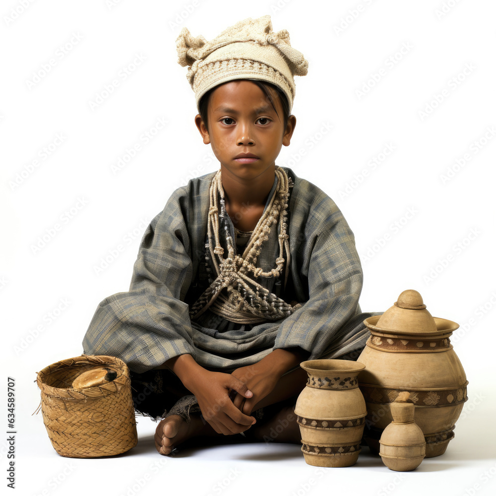 Studio shot of a Burmese (Myanmarese) 8-year-old boy in traditional ...