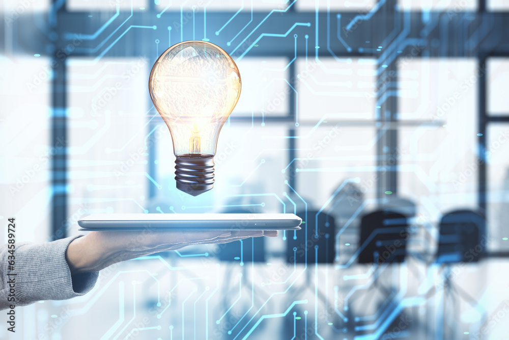 Online project and creative idea concept with light bulb above human ...