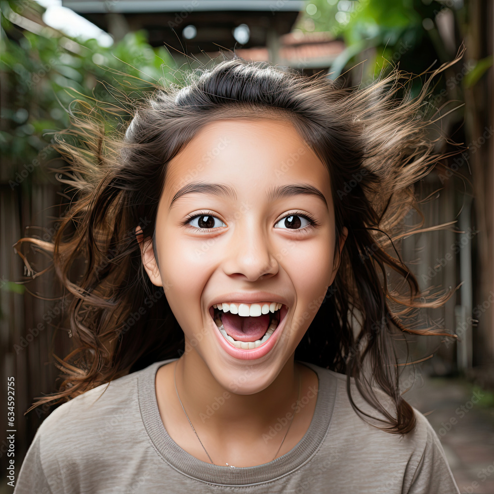 Professional studio head shot of a lively 12-year-old Indonesian girl ...