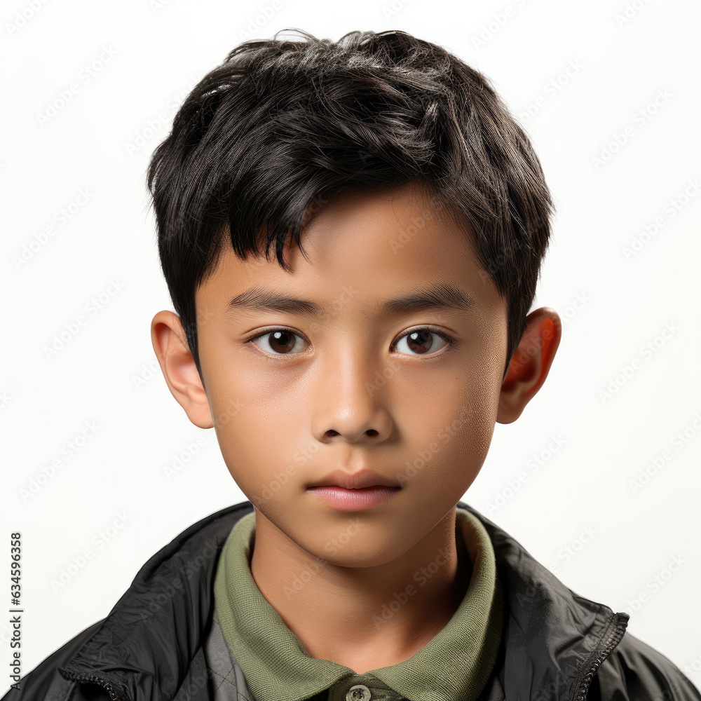 Professional studio head shot of a 13-year-old Indonesian boy with a ...