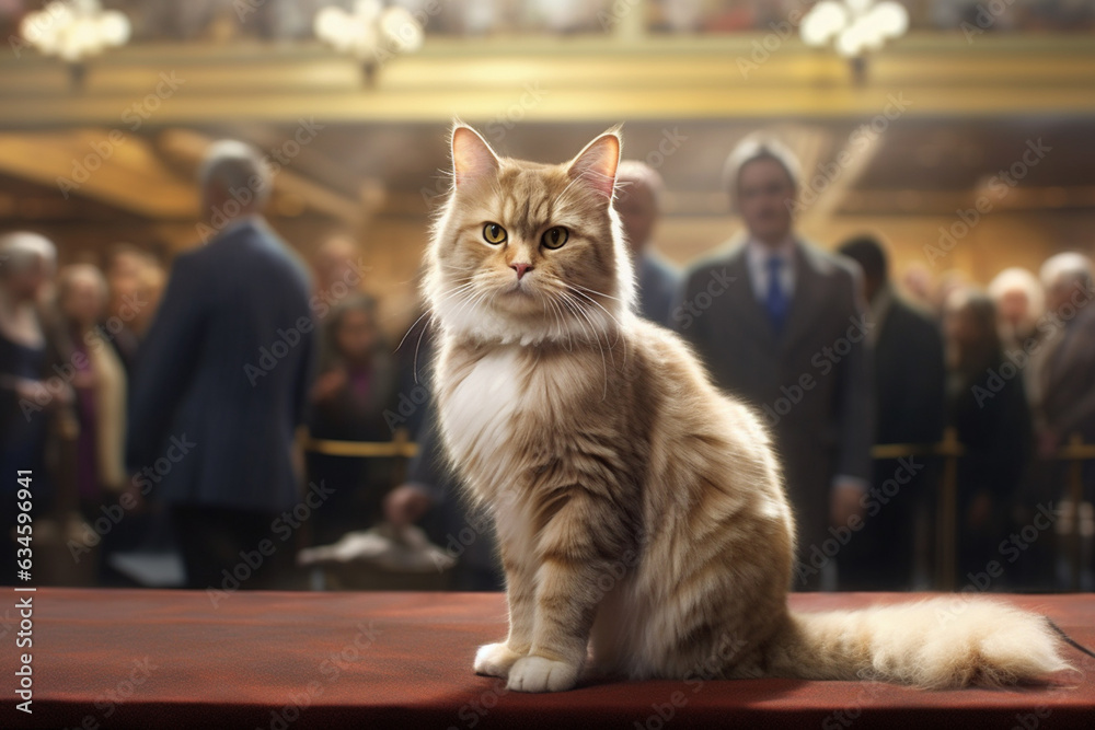 A well-groomed show cat being admired by a judge in a cat show ...
