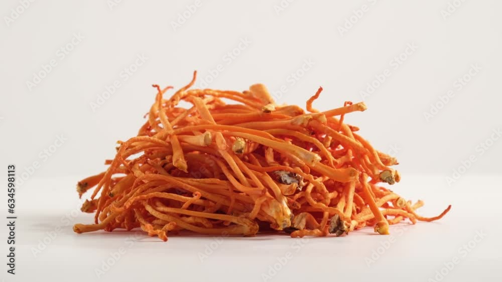 Cordyceps fibers are displayed on a white background turntable and ...