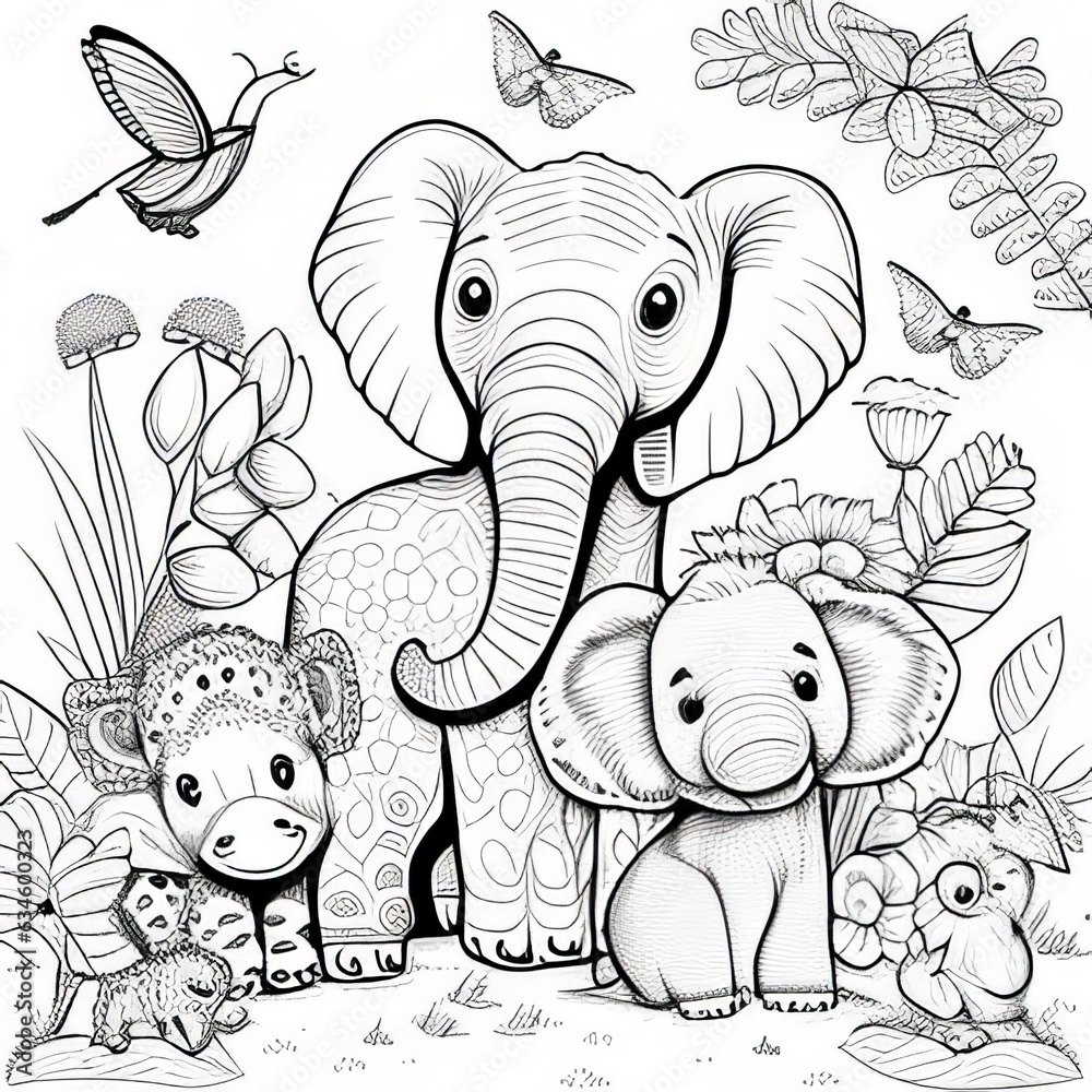 Wild Wonders: Coloring Page with Creatures for Kids Stock Illustration ...
