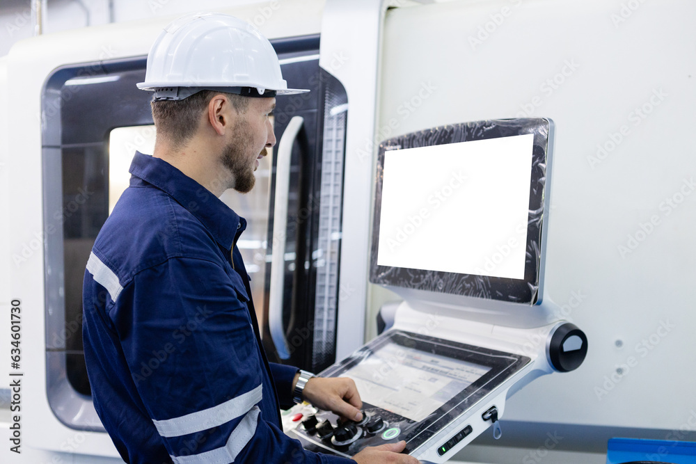 Man engineer using computer blank white screen controlling cnc machine ...