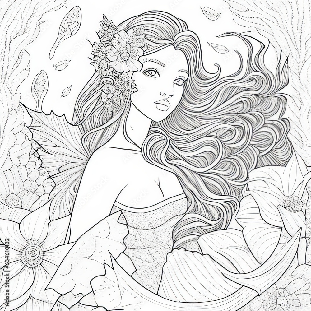 Ethereal Mermaid Beauty: Coloring Book Page for children and adults ...