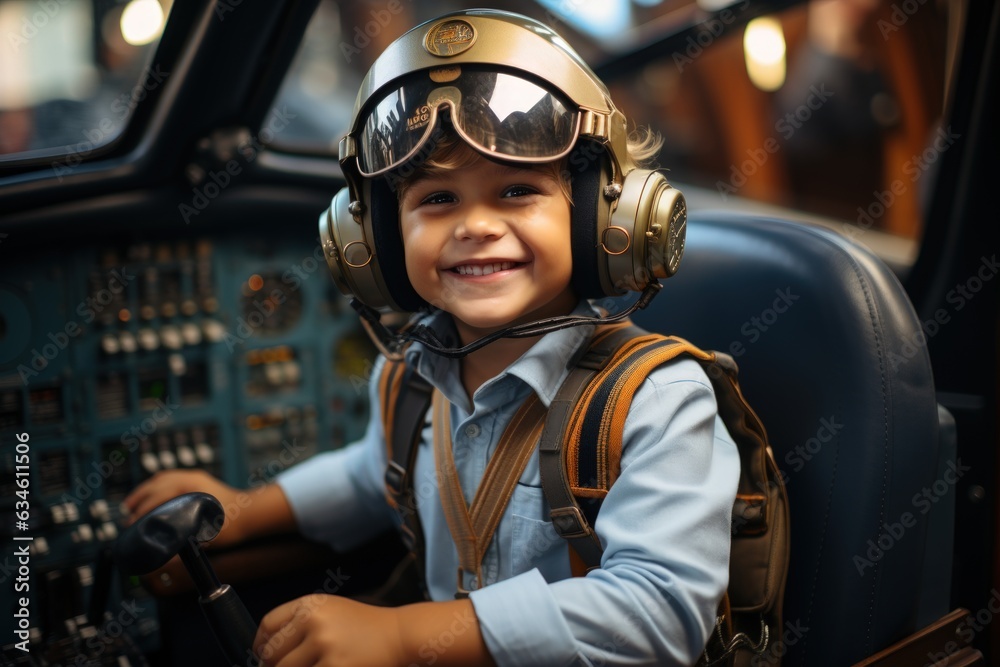 Happy kid wear airplane captain suit pilot career. Children day concept ...