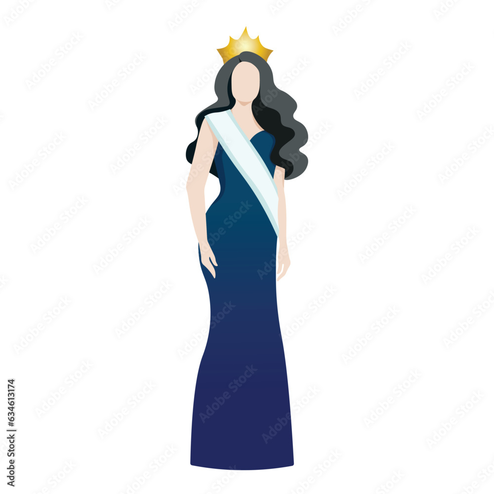 An elegant beauty queen in blue dress with sash and crown. Vector ...