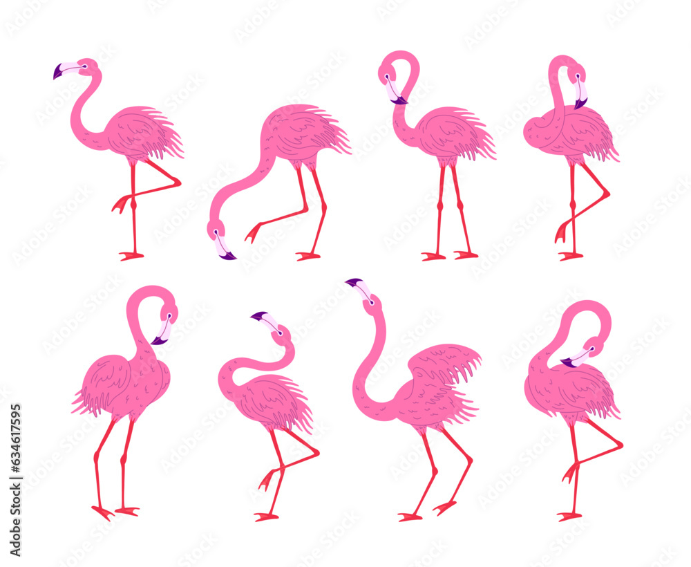 Vetor de Cartoon Characters Cute Pink Flamingos Set Concept Flat Design ...