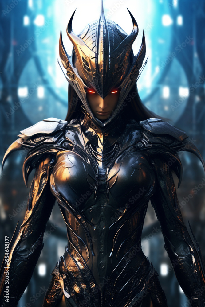 Portrait of an alien princess warrior wearing armor, the face is ...