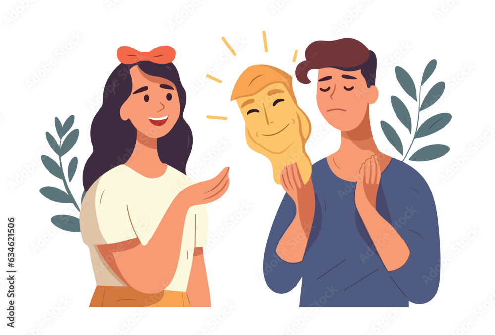 Unhappy person hiding real upset emotion Sad man pretending happy ...