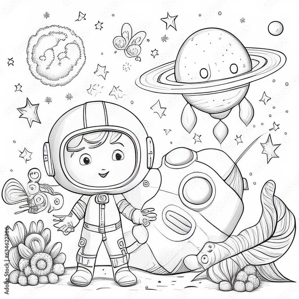 Space-themed Children's Coloring Page Featuring Astronauts and Cosmic ...