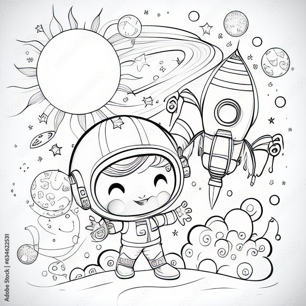 Space-Themed Coloring Page for Kids: Astronauts and Cosmic Adventures ...