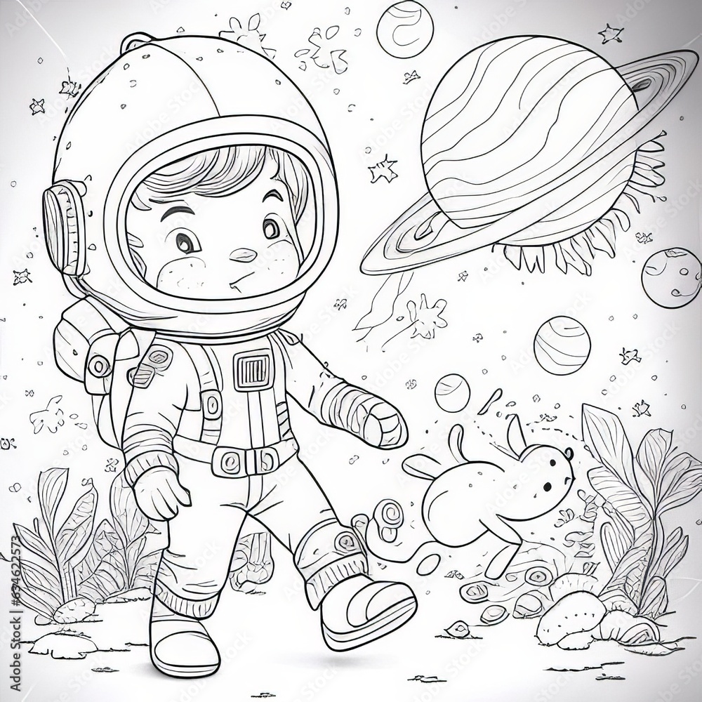 Space-Themed Coloring Page for Kids: Astronauts and Cosmic Adventures ...