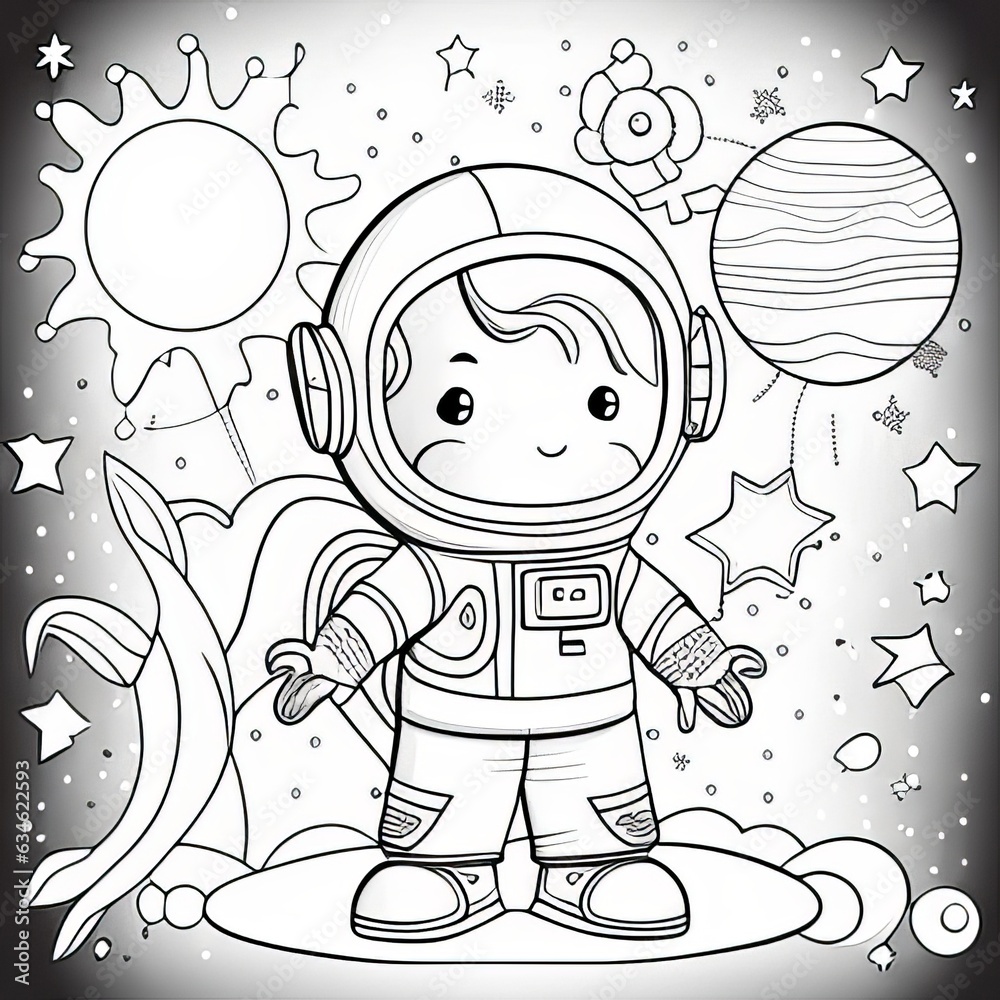 Space-Themed Coloring Page for Kids: Astronauts and Cosmic Adventures ...