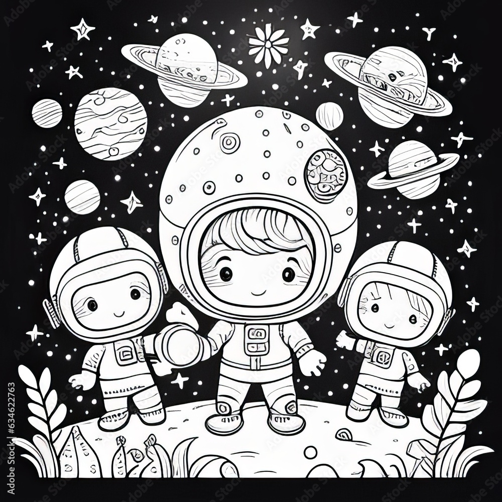 Space-Themed Coloring Page for Kids: Astronauts and Cosmic Adventures ...