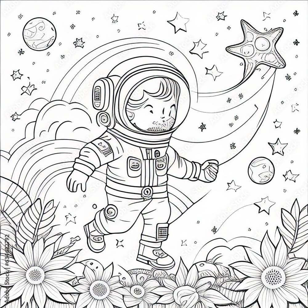 Space-Themed Coloring Page for Kids: Astronauts and Cosmic Adventures ...