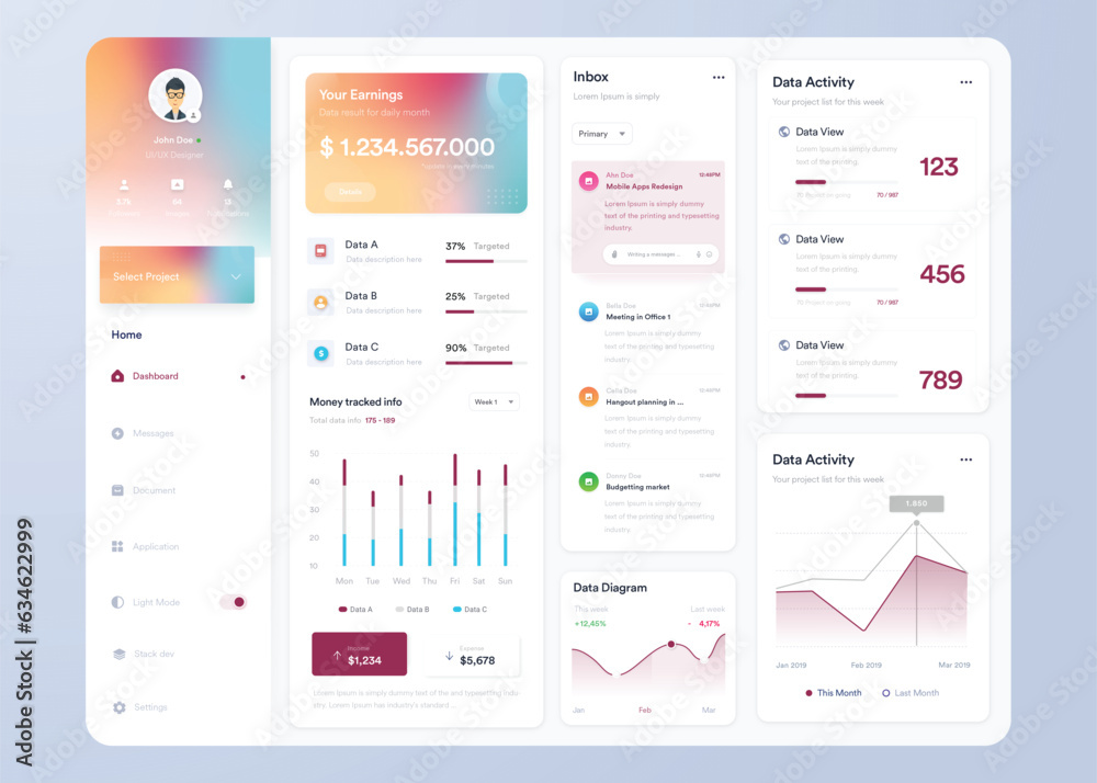 Infographic dashboard. UI UX design with graphs, charts and diagrams ...