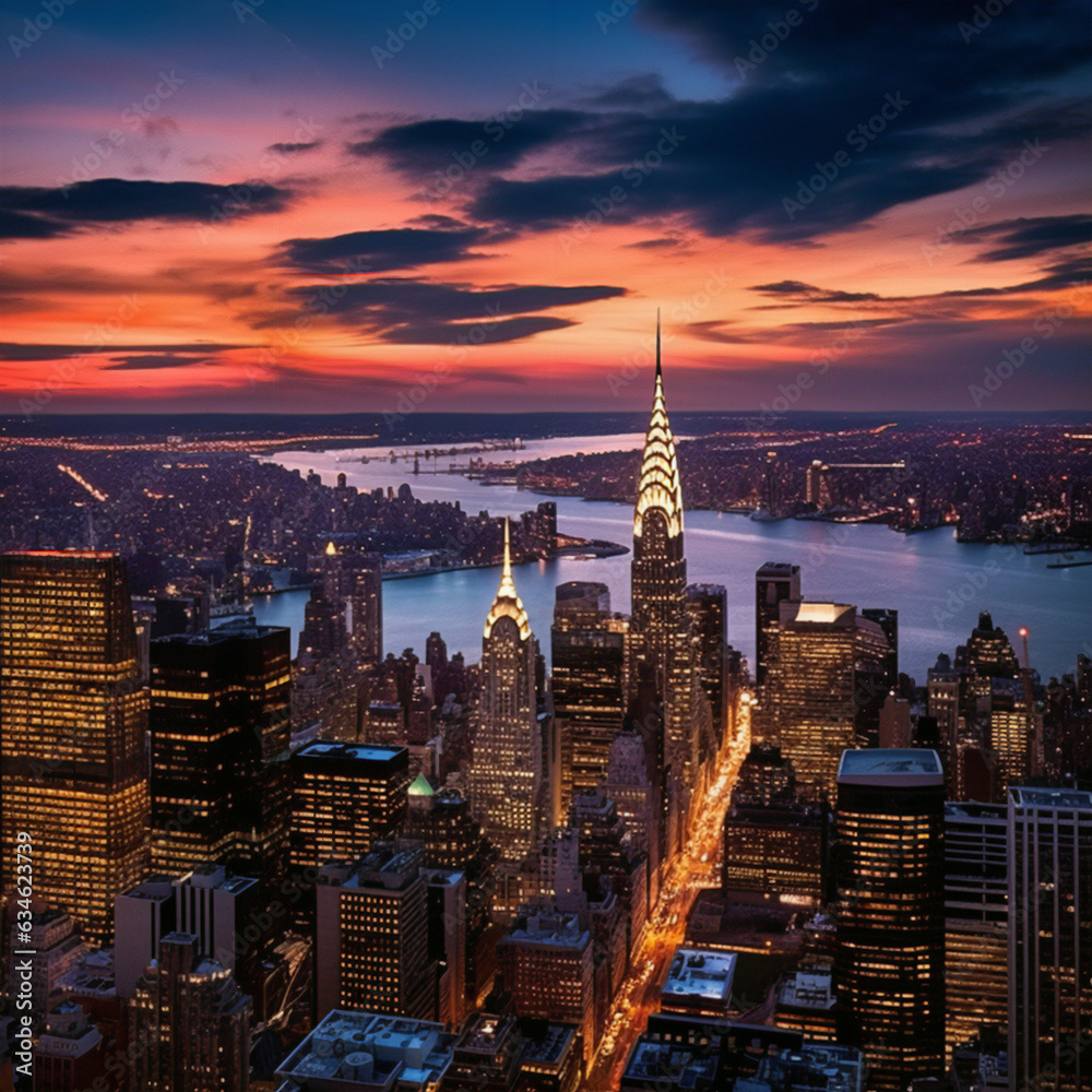 the New York City skyline at twilight, where the shimmering city lights ...