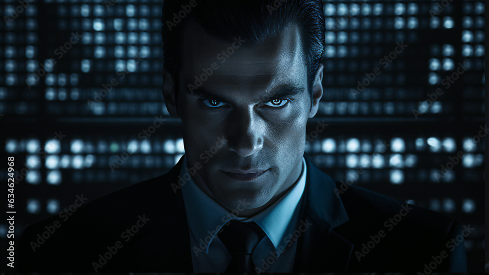 Man and a gray suit sad , slowly disappearing into computer code ...