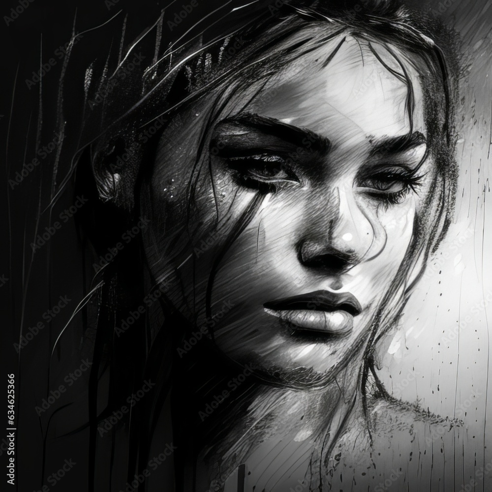 Black and white drawing of a woman with a wet face, created using ...