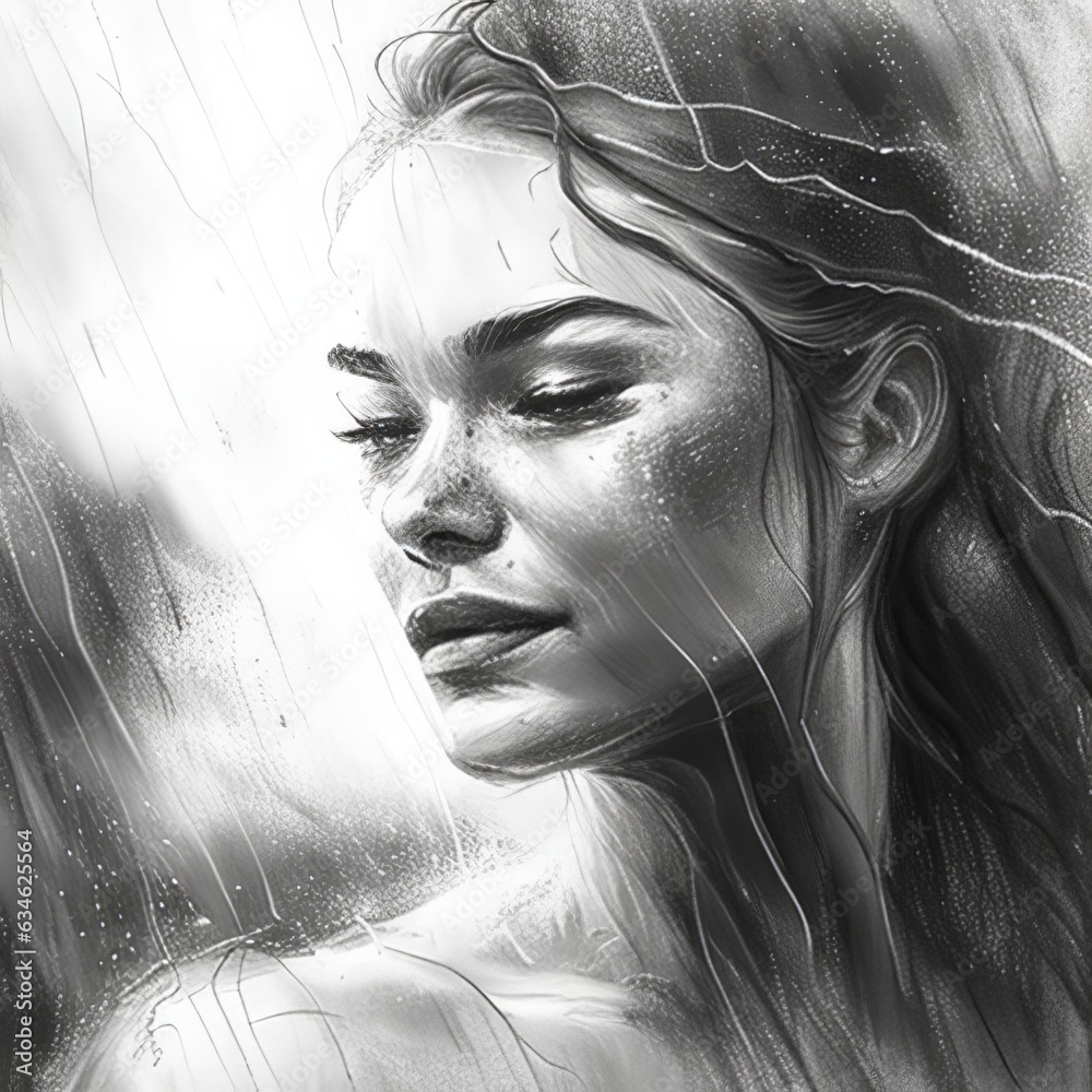 Sketch of a woman with a wet face, black and white woman drawing in a ...