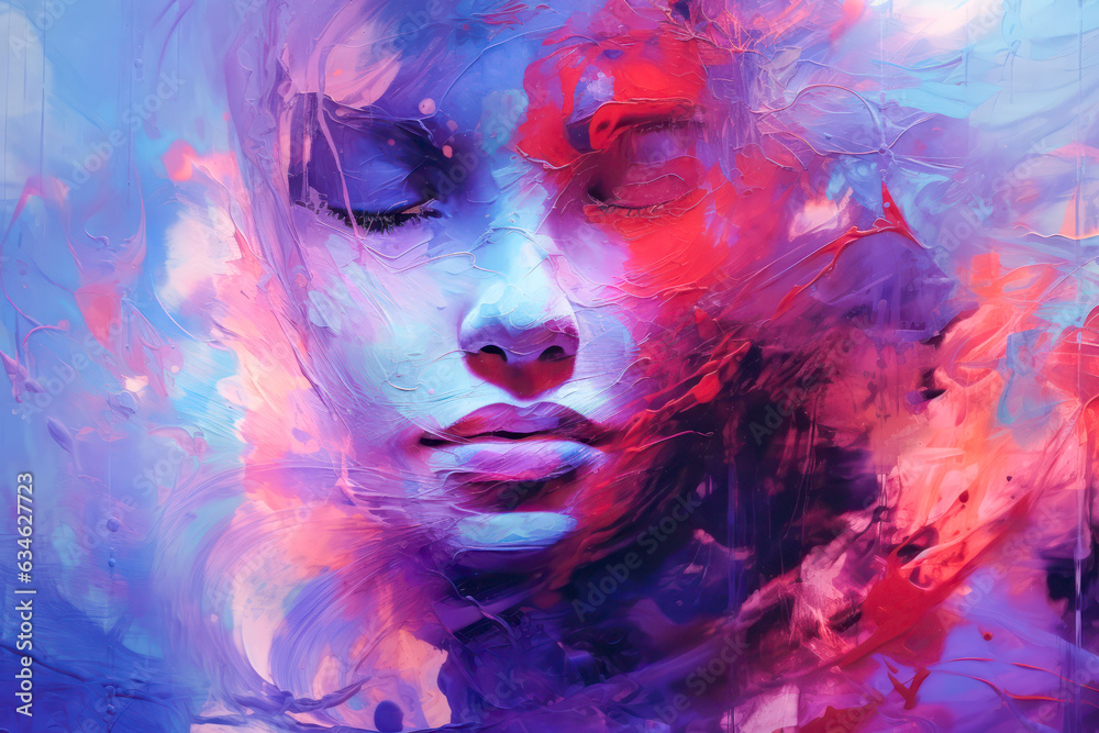 Face surrounded by hues of purple, red, and cyan. Inner struggles ...