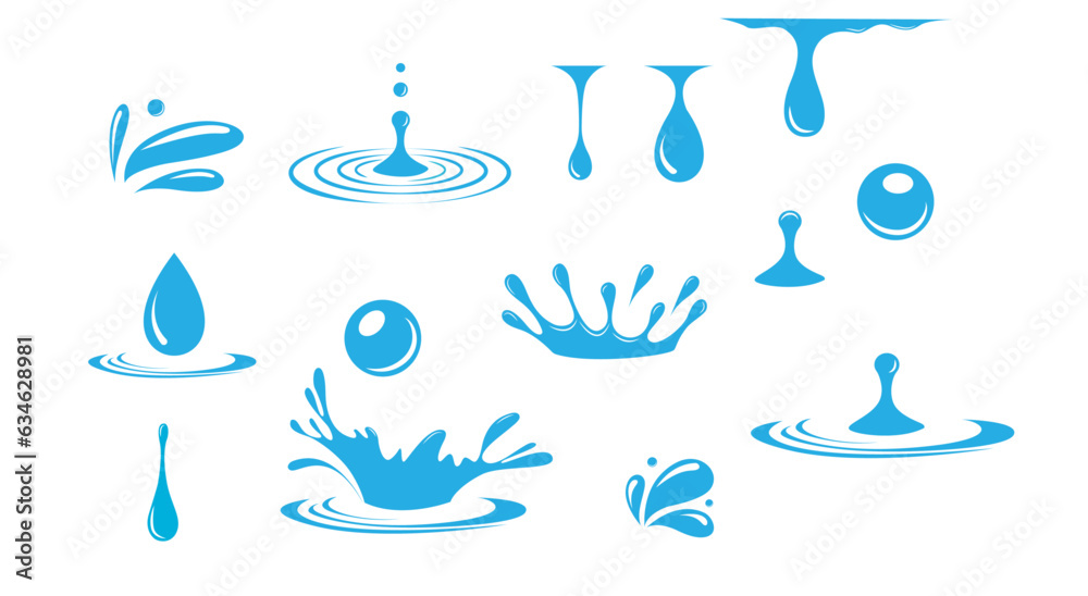 Blue set of drops, splash, drips of paint, pouring water, spray icons ...